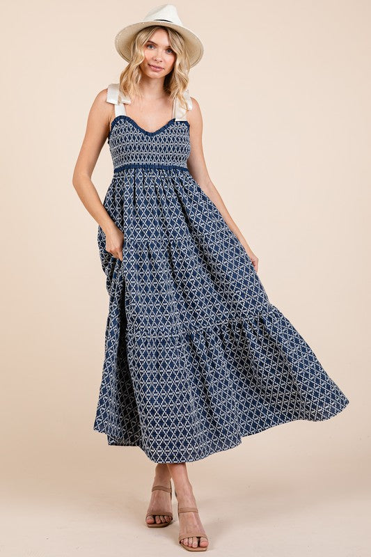 GeeGee Geometric Embroidered Smocked Tie Shoulder Midi Dress – CJSHOPPE.NET