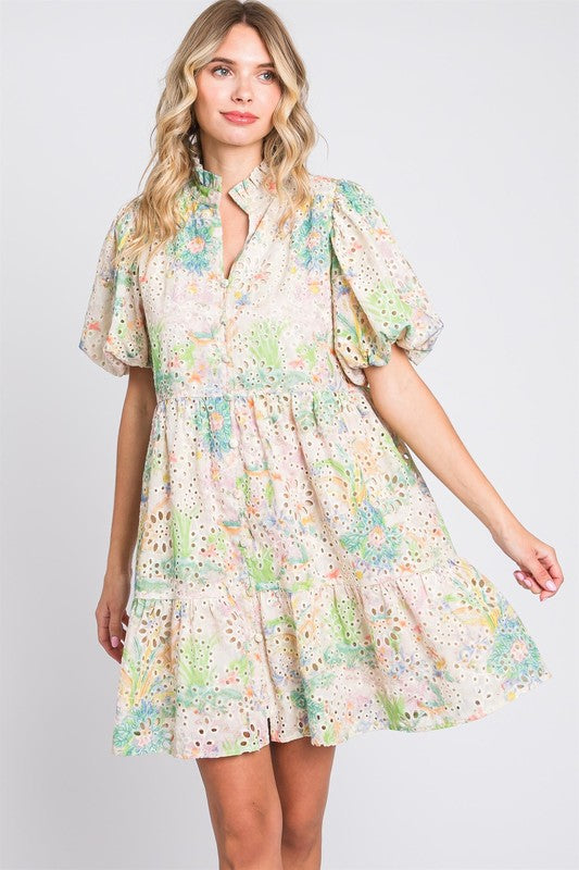 GeeGee Floral Eyelet Lace Puff Sleeve Mini Dress – CJSHOPPE.NET